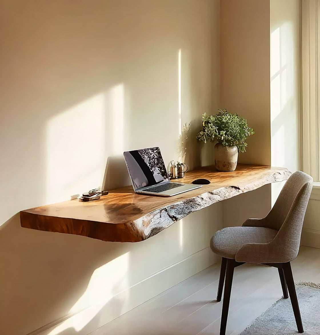 Live Edge Floating Desk – Handmade Solid Wood Wall Mounted Desk for Ho
