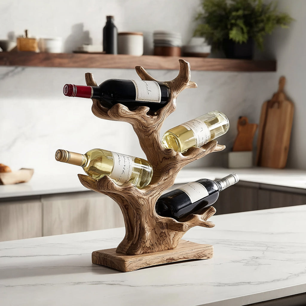 Mid Century Wine Rack – Solid Wood Countertop Wine Stand for Farmhouse