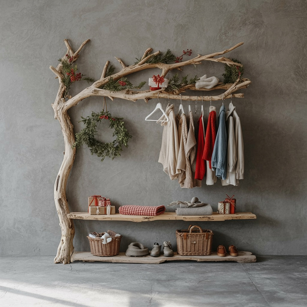 Wall Mounted Driftwood Coat Rack – Tree Branch Rack with Shelf & Shoe