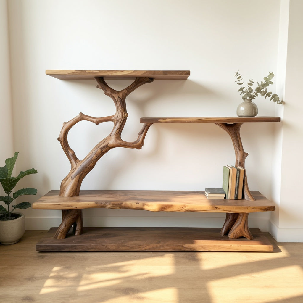 Narrow Rustic Console Table with Shelves – Live Edge Reclaimed Wood En