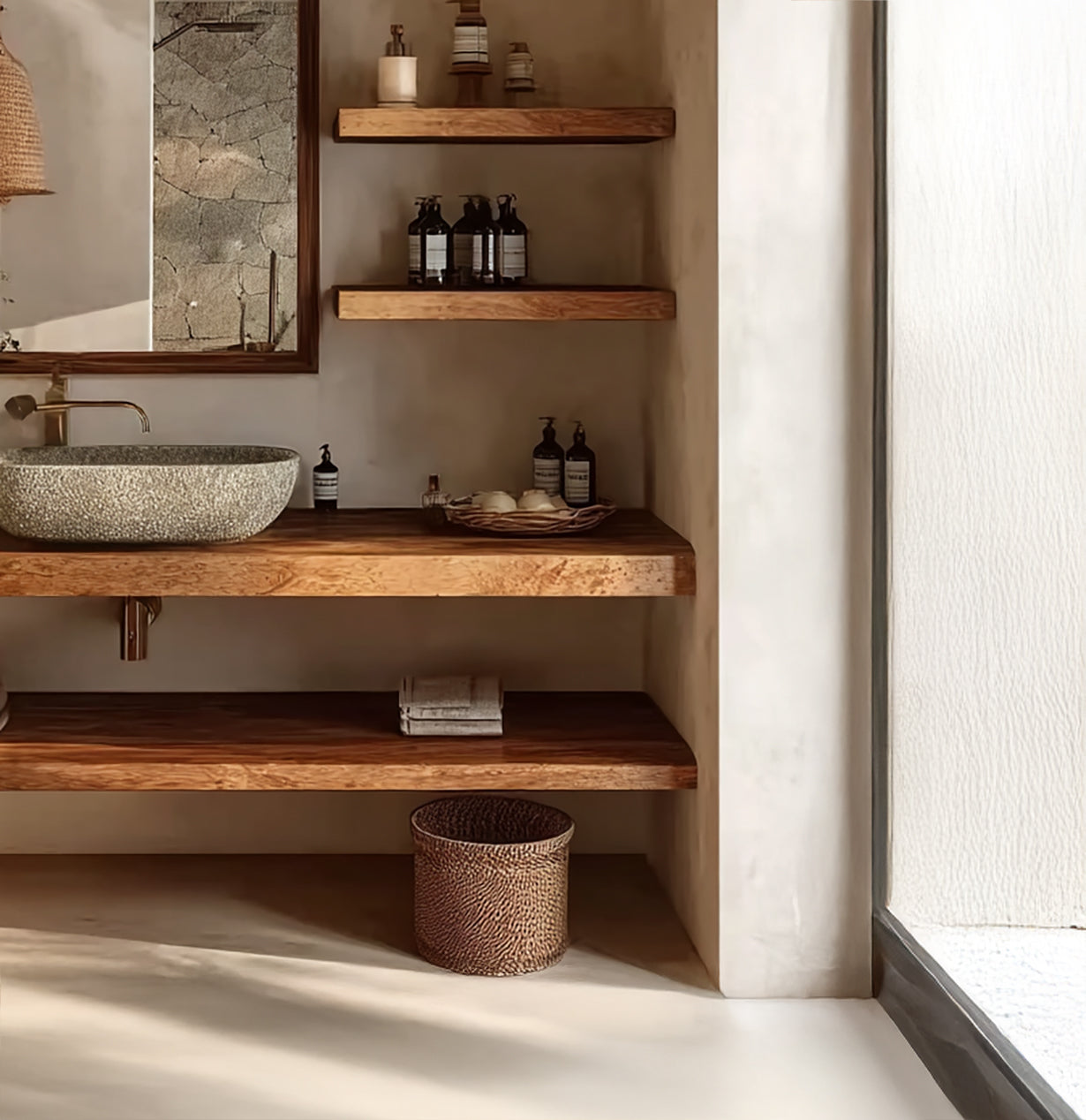 Rustic Floating Wooden Bathroom Vanity with Open Shelves – Handmade So